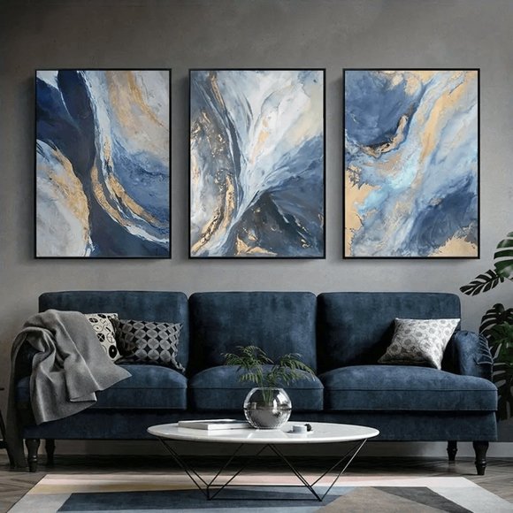 Art | Nwt 3 Piece Blue And Gold Abstract Poster Wall Art 2362x1575 ...